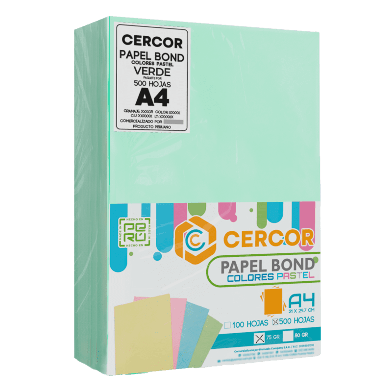 PAPEL BOND COLORES PASTEL CERCOR 500 HOJAS 75 GR - PAMAC